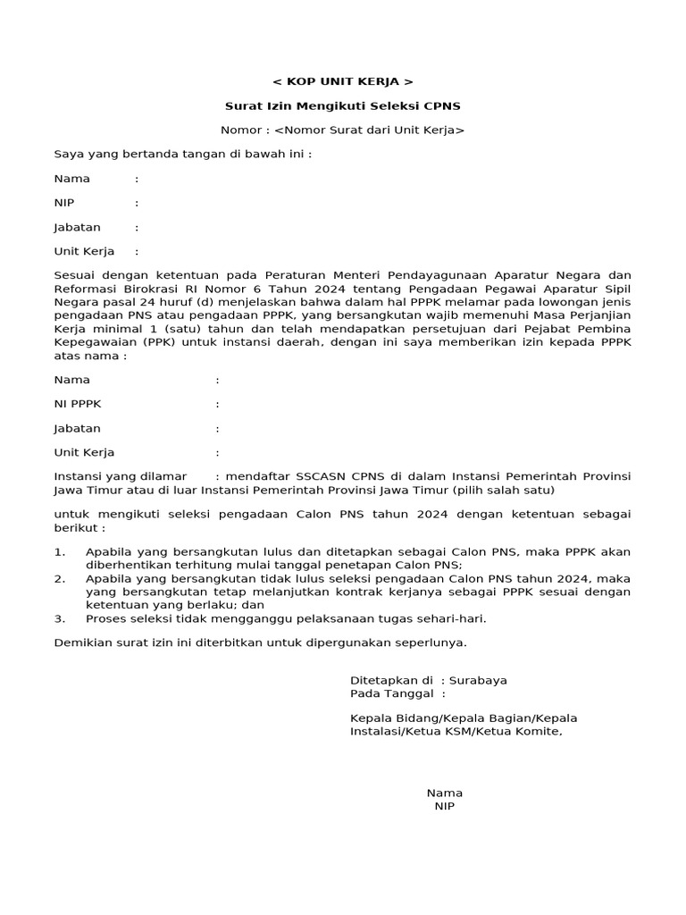 Surat Izin PPPK Mengikuti Seleksi CPNS | PDF
