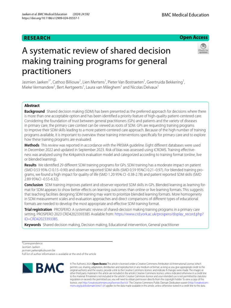 A Systematic Review of SDM Training Programs For General Practitioners - 2024 | PDF | Systematic ...