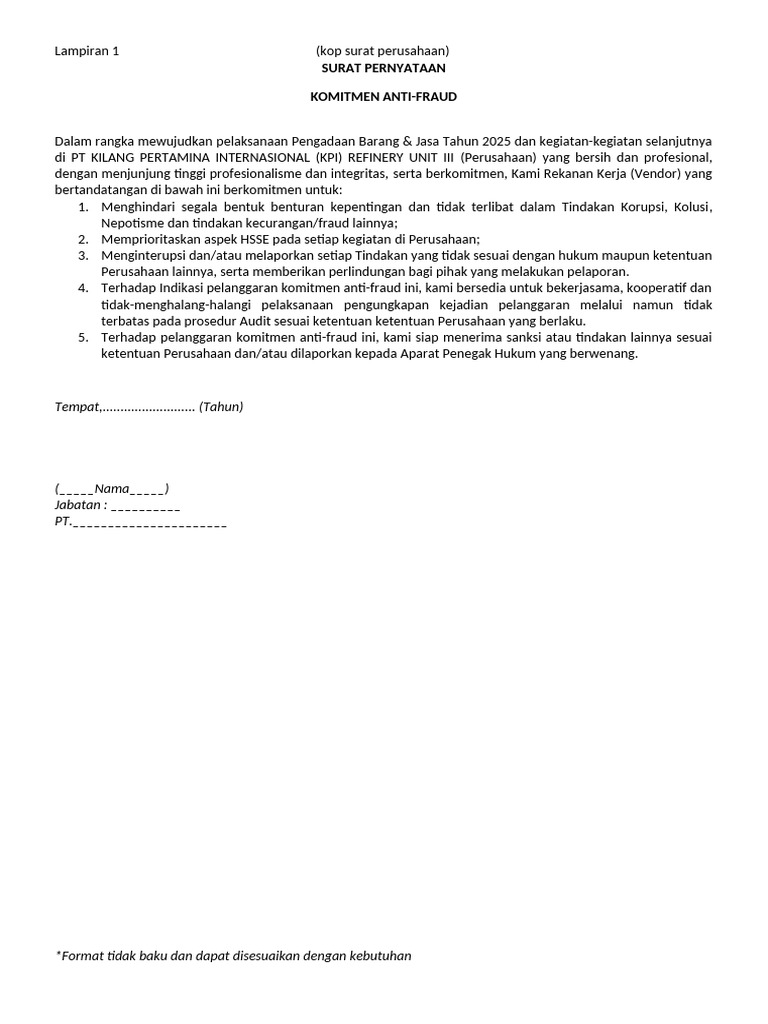 Surat Pernyataan Anti-Fraud | PDF