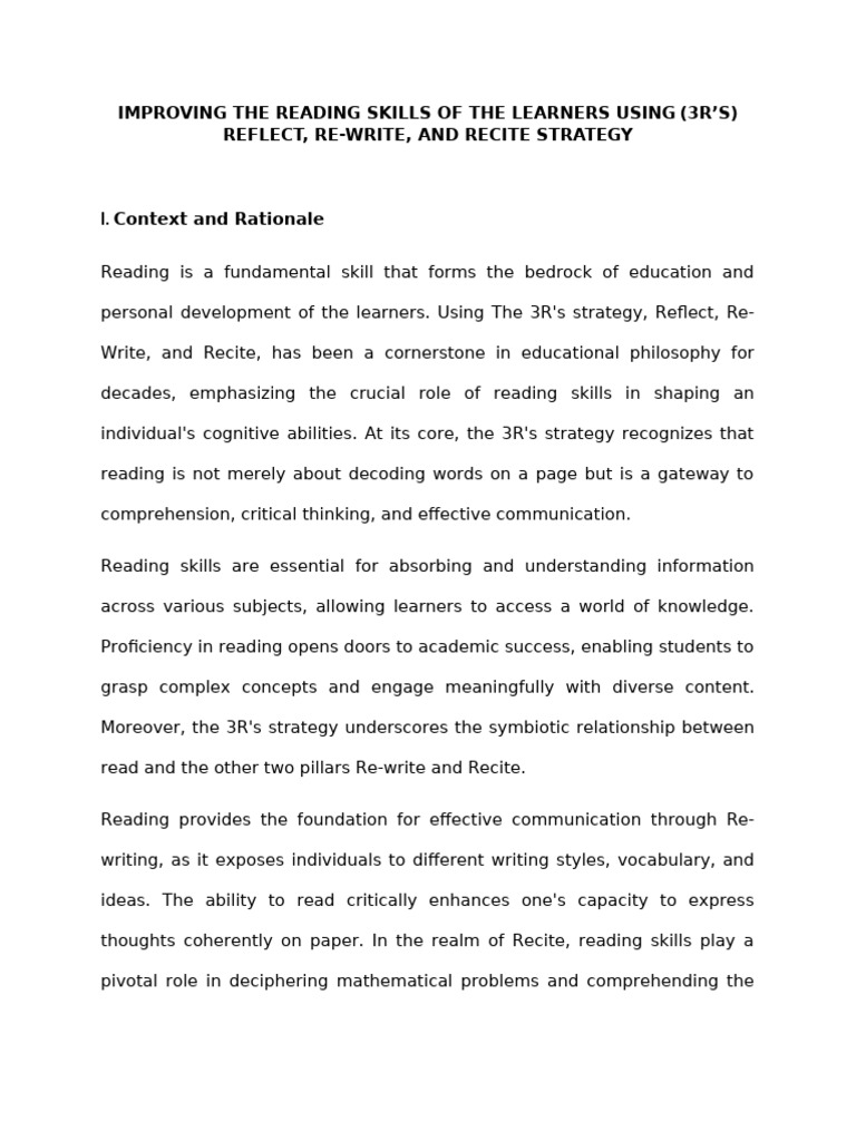 Arp Improving The Reading Skills of The Learners Using (3r's) Reflect ...