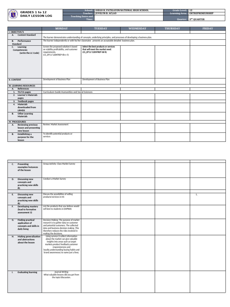 Entrep DLL Week 5 To Be Printed | PDF | Learning | Teachers