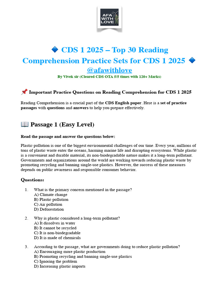Top 30 Reading Comprehension Practice Sets For CDSE by Vivek Sir ...