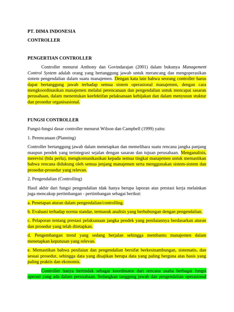 Tugas Dan Tanggung Jawab Controller | PDF
