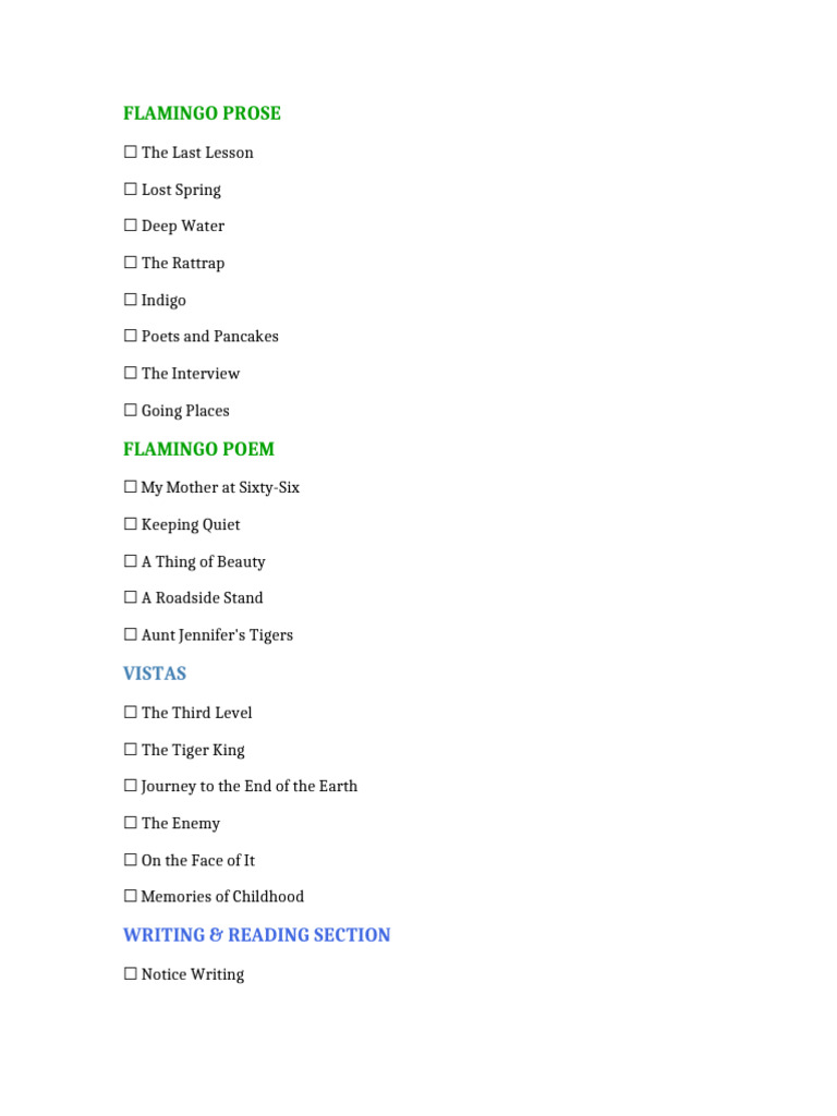 Class 12 English Checklist | PDF