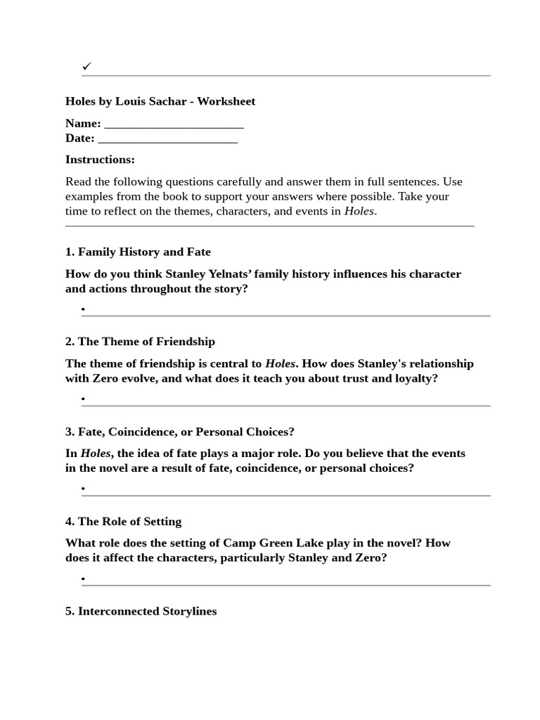 Holes Themes and Character Analysis Worksheet | PDF