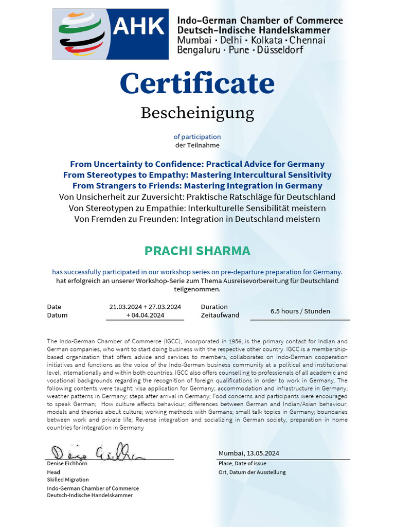 Certificate Pre-Departure Workshops PRACHI SHARMA | PDF | Social Psychology