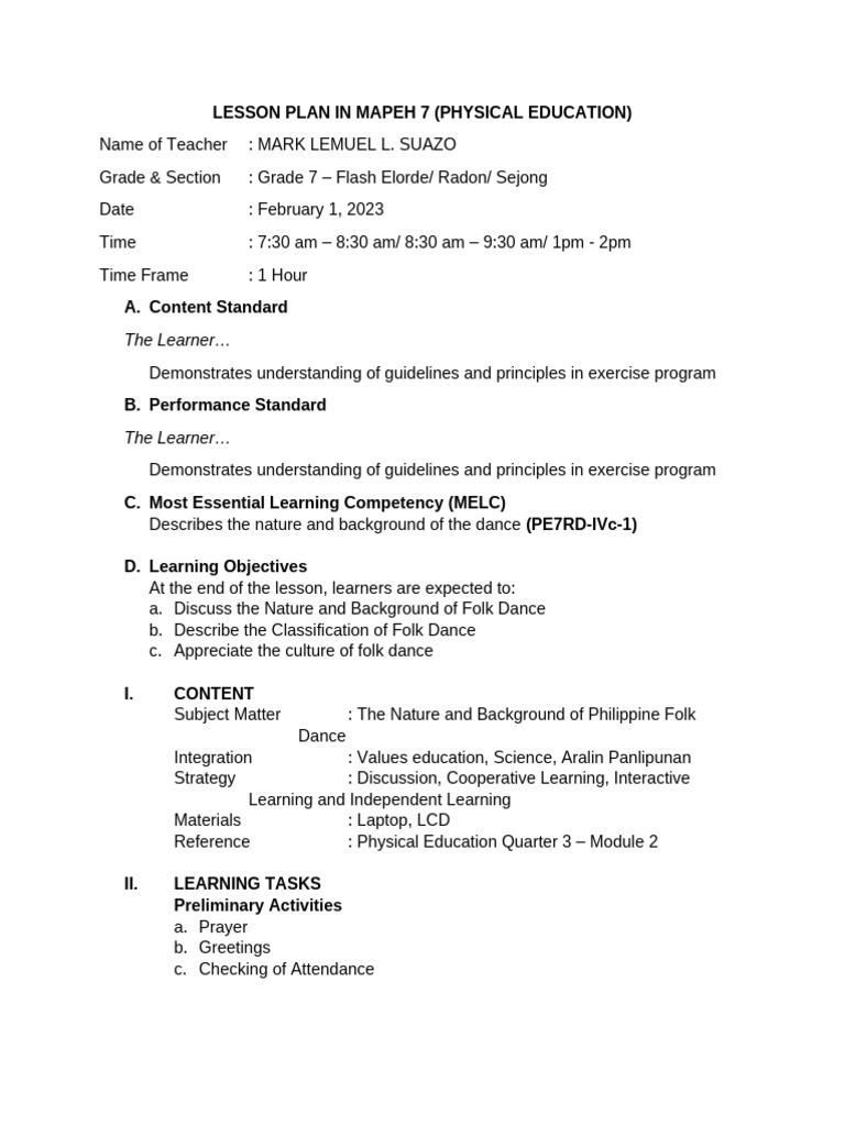 1 Lesson Plan in Mapeh 7 | PDF | Dances | Learning