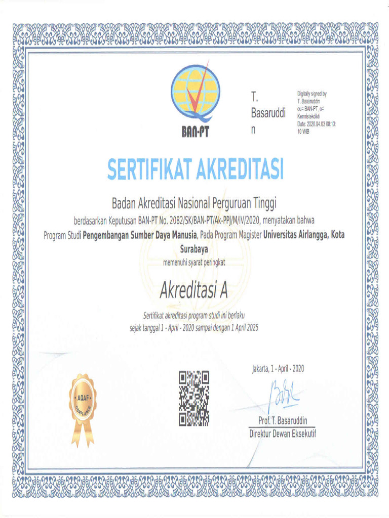 Sertifikat Akreditasi S2 PSDM - 1 April 2020-1 April 2025 | PDF