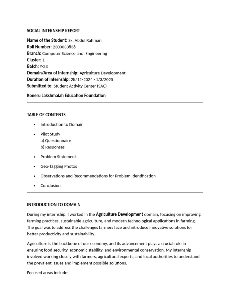 Agriculture Development Internship Report | PDF | Agriculture ...