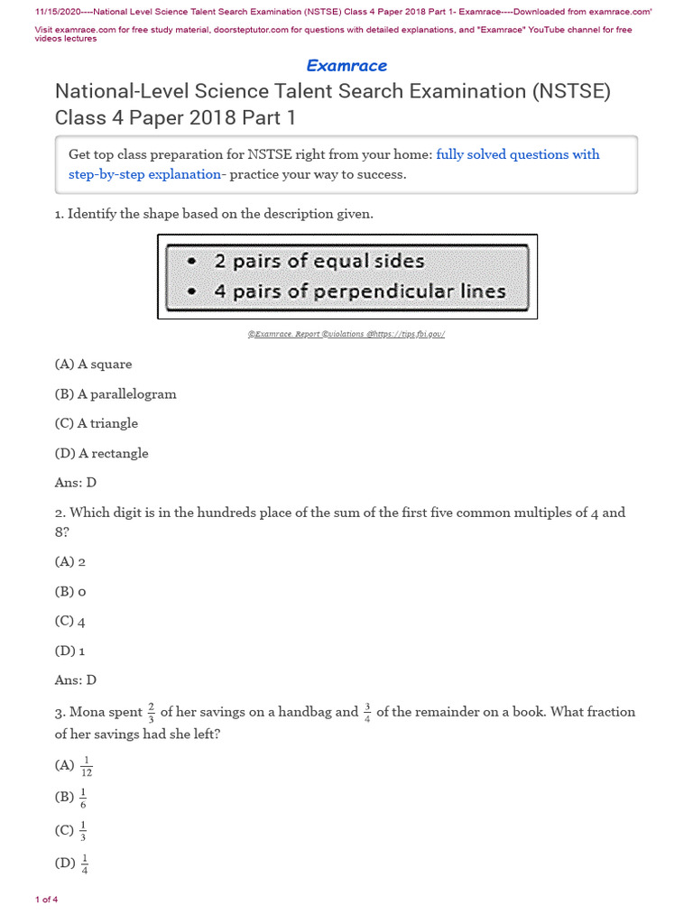 NSTSE Class 4 Paper 2018 Part 1 | PDF | Elementary Mathematics | Geometry