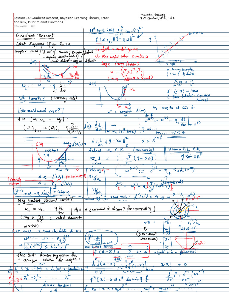 Session 14 Gradient Descent, Bayesian Learning Theory, Error and Risk | PDF