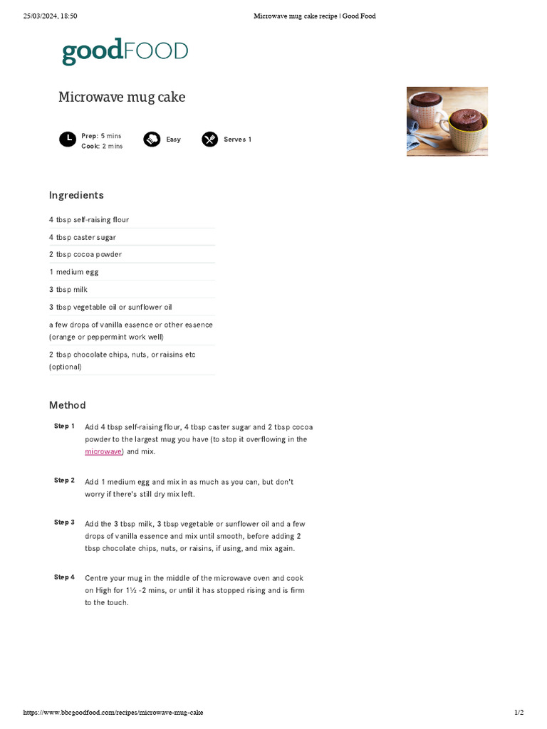 Microwave Mug Cake Recipe - Good Food | PDF