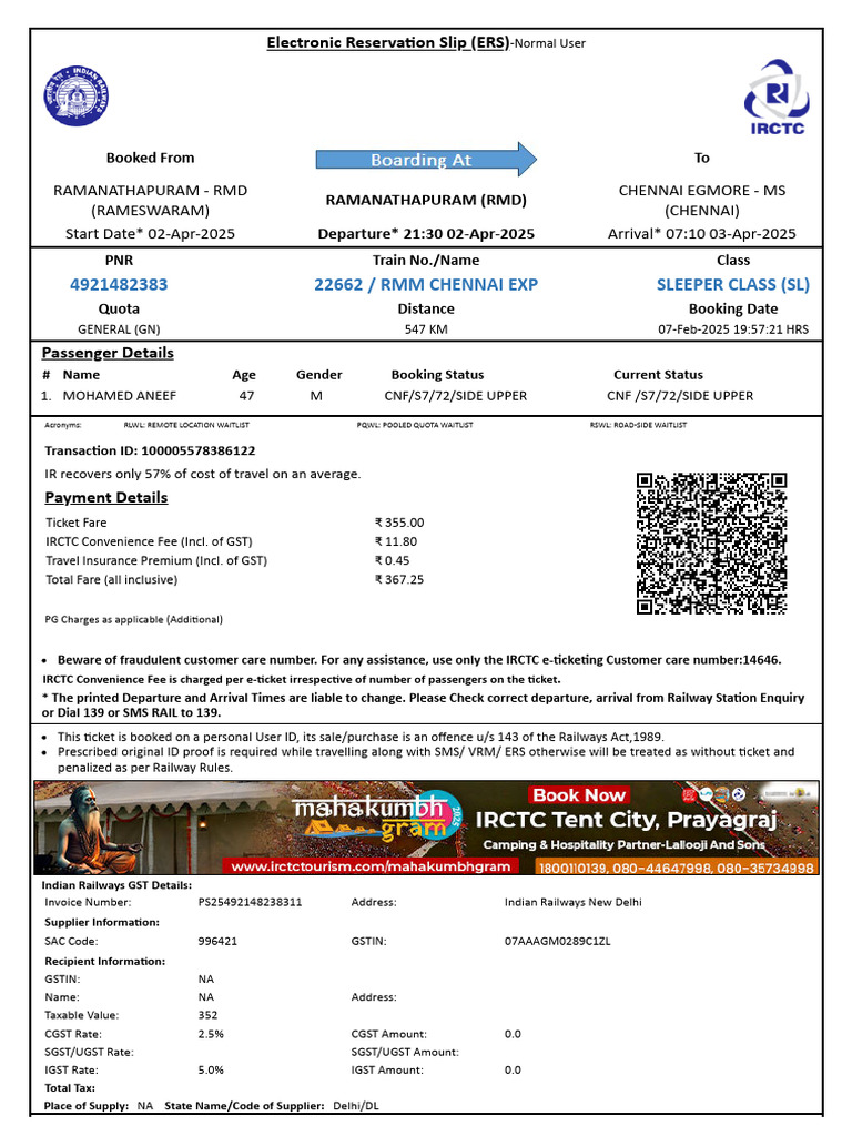 4921482383- ANEEF RAMZAN RETURN TICKET | PDF | Identity Document | Payments