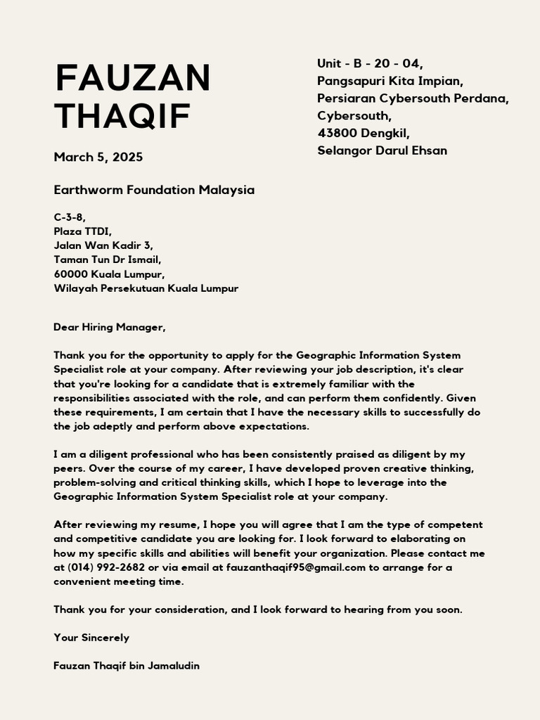 Fauzan Thaqif Cover Letter (Geographic Information System Specialist ...