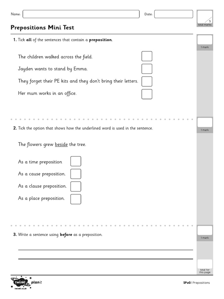 Prepositions Mini Test for SPaG | PDF | Syntax | Semantic Units