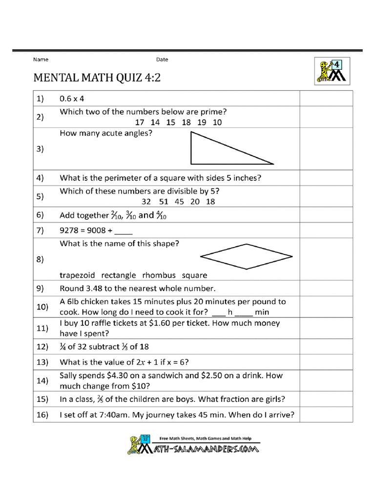 4th Grade Mental Math 4th Grade 2 | PDF