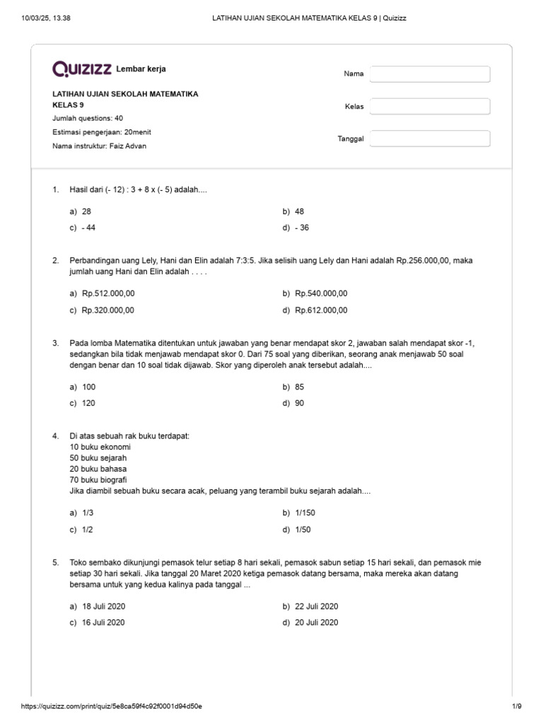 LATIHAN UJIAN SEKOLAH MATEMATIKA KELAS 9 _ Quizizz | PDF
