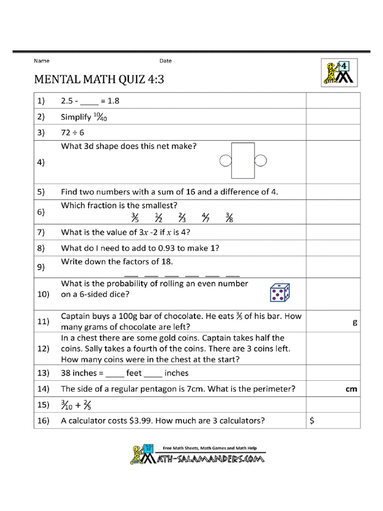 4th Grade Mental Math Worksheets 4th Grade 3 | PDF
