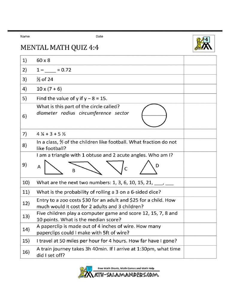 Mental Arithmetic Worksheets 4th Grade 4 | PDF