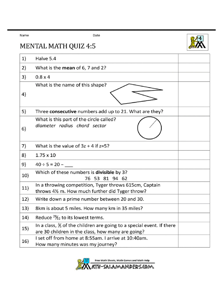 Mental Math 4th Grade 5 | PDF
