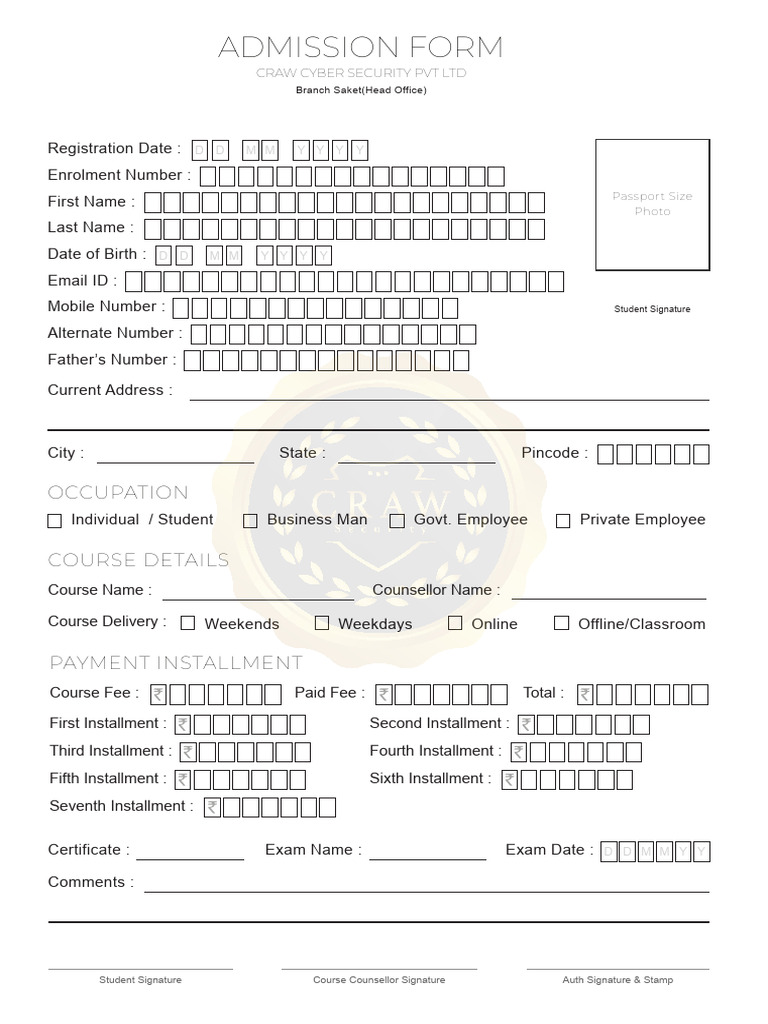 CRAW Cyber Security Admission Form | PDF | Fee