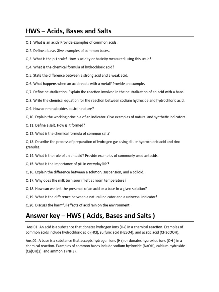 HWS (Acids Bases and Salts) | PDF | Acid | Hydroxide
