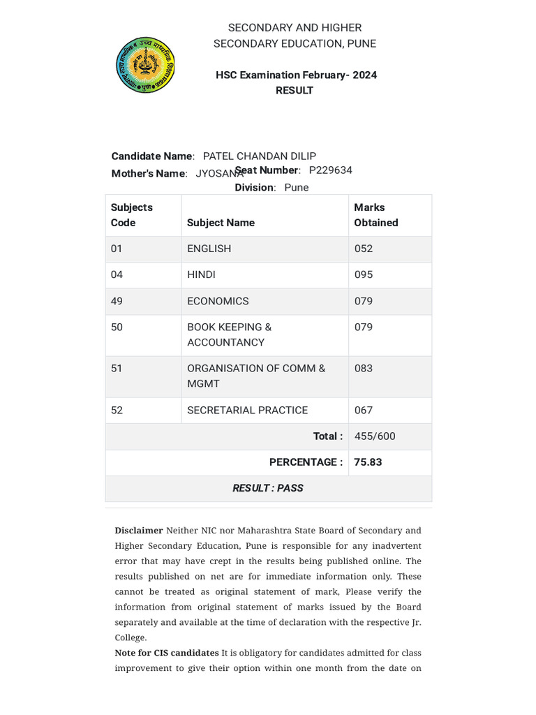 HSC Examination February - 2024 Result - Msbshse, Pune | PDF