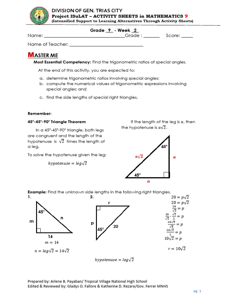 Mathematics Grade 9 Quarter 4 - Week 2 | PDF | Trigonometry | Triangle ...