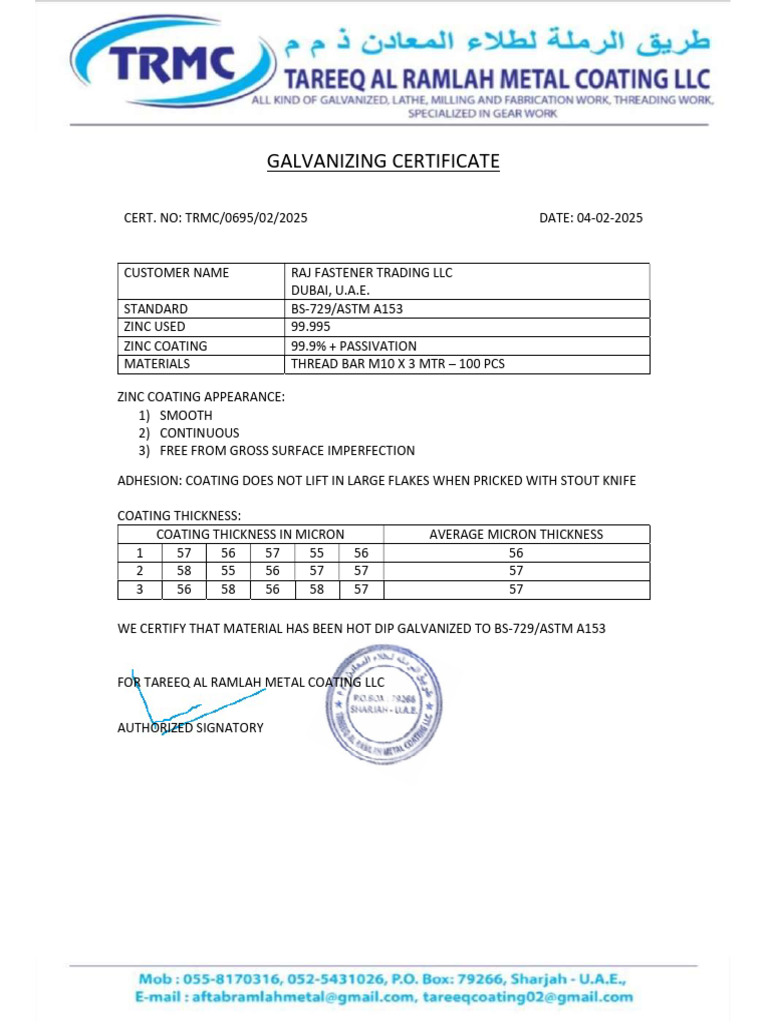 Galvanizing Certificate - Raj Fast Prec-25-00078 - 04-02-2025 | PDF