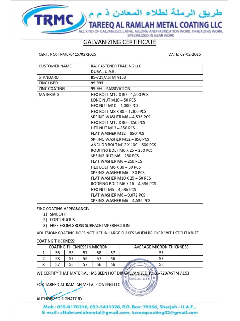 Galvanizing Certificate - Raj Fast Prec-25-00078 - 03-02-2025 | PDF