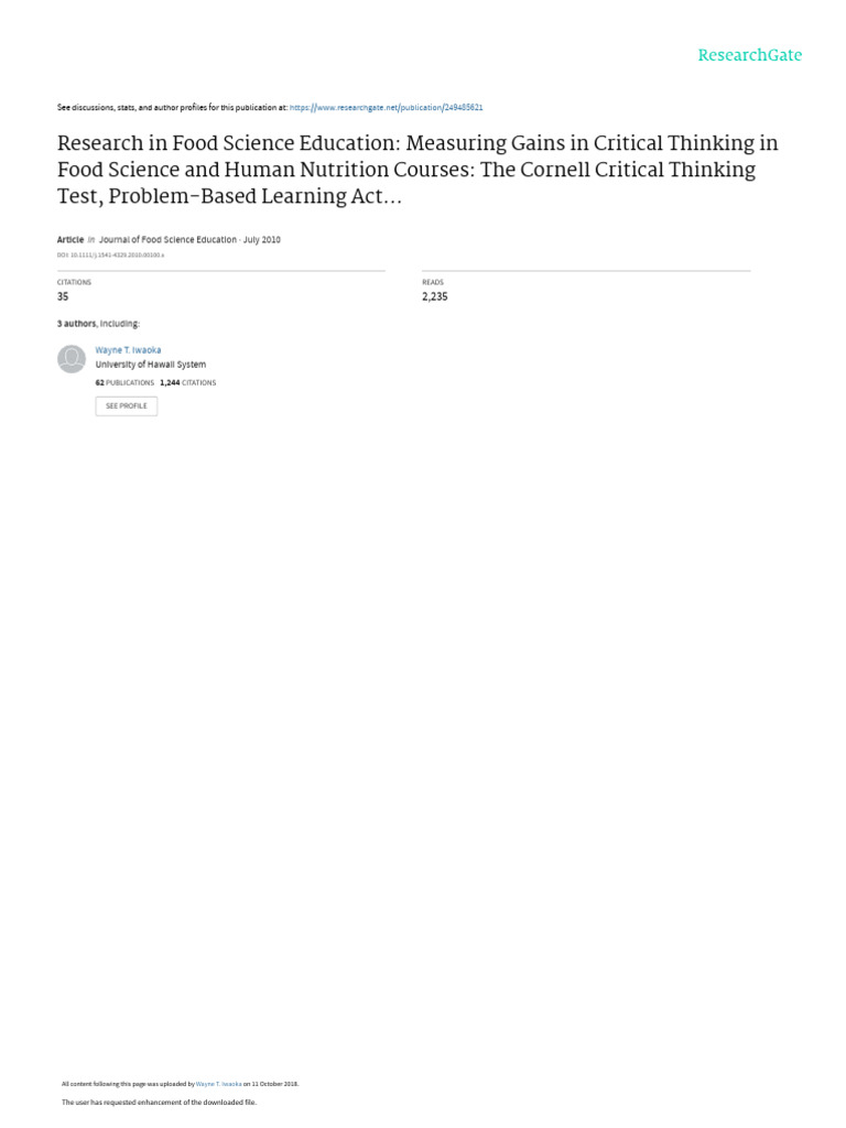 Research in Food Science Education Measuring Gains in Critical Thinking ...