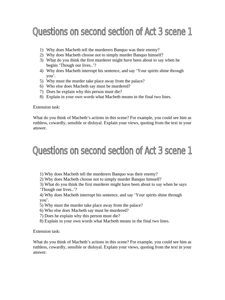 Questions on Macbeth Act 3 scene 1 | PDF