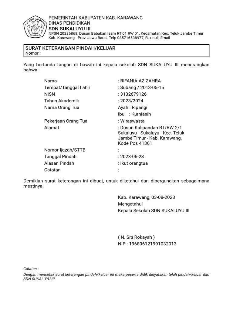 Surat Mutasi Dapodik Rifania | PDF