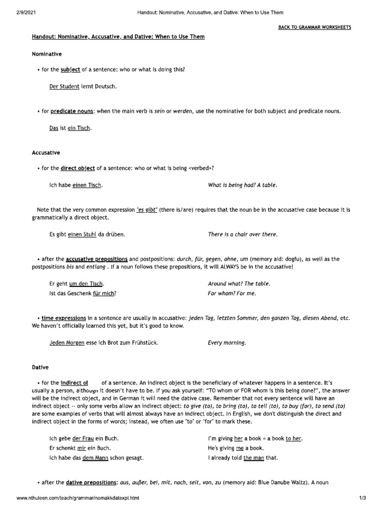 Handout_ Nominative, Accusative, And Dative_ When to Use Them | PDF