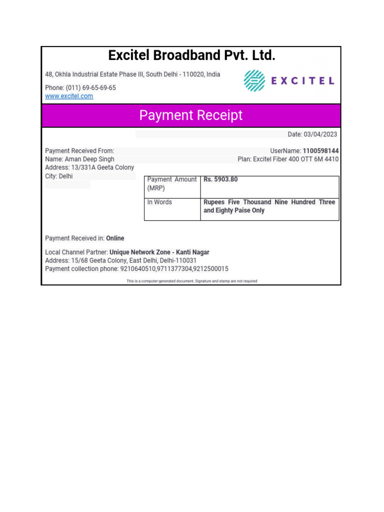 Excitel Broadband PVT April23 Sep23 | PDF