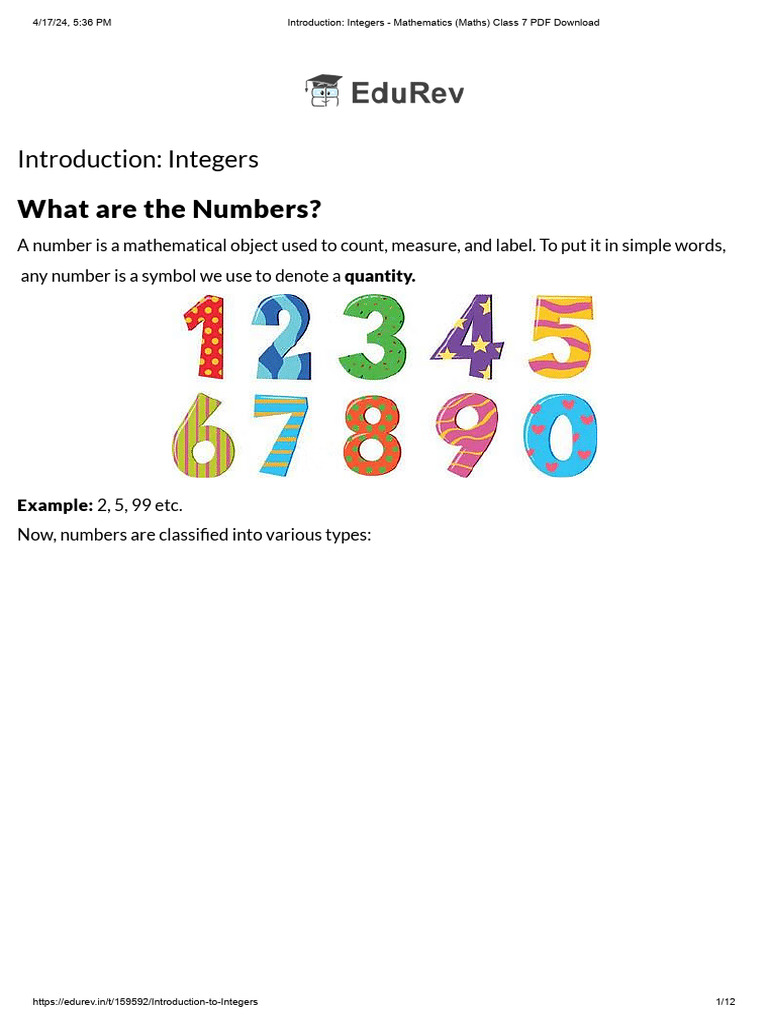 Introduction_ Integers - Mathematics (Maths) Class 7 PDF Download | PDF | Numbers | Integer