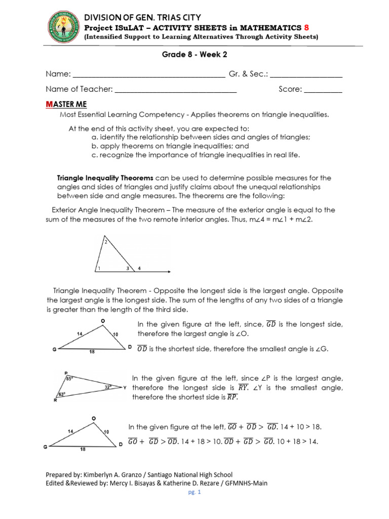 Mathematics 8 - Quarter 4 - Week 2 | PDF | Triangle | Angle