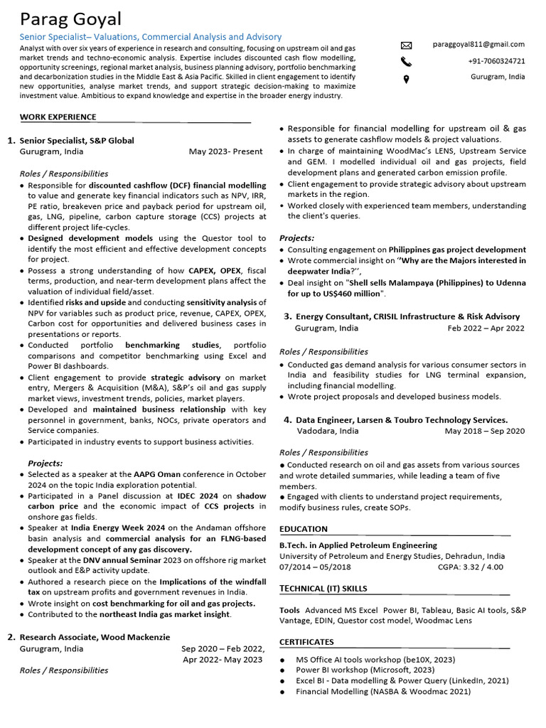 Resume - Parag Goyal - Senior Specialist | PDF | Valuation (Finance ...