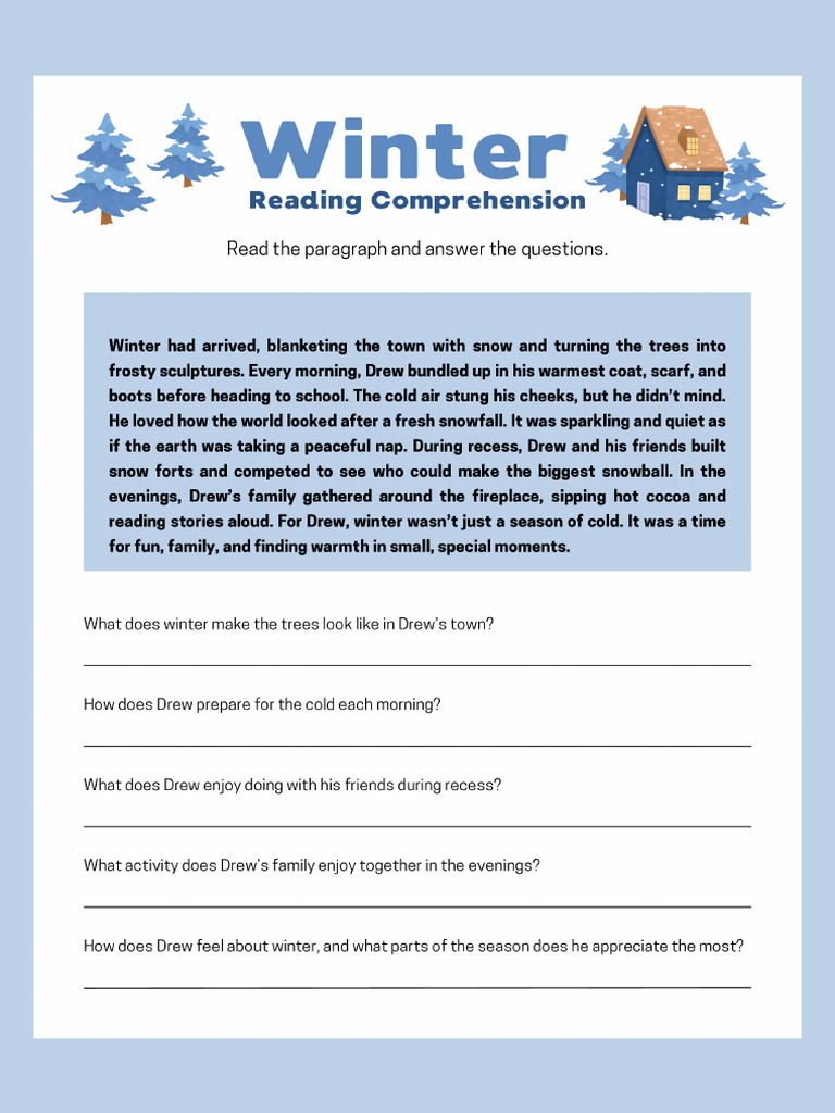 Winter Reading Comprehension Worksheet in Blue and White Illustrative ...
