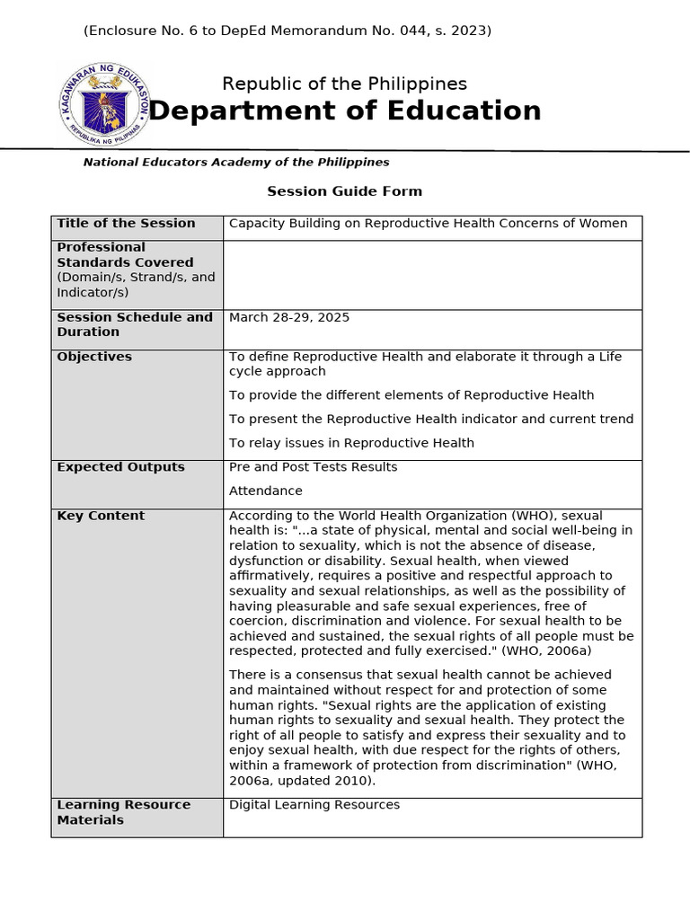 Enclosure No. 6 Session Guide Form - DM44S2023 | PDF | Reproductive ...