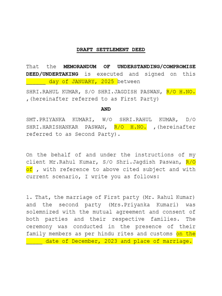 Draft Settlement Deed 03.01.2025 | PDF | Divorce | Marriage