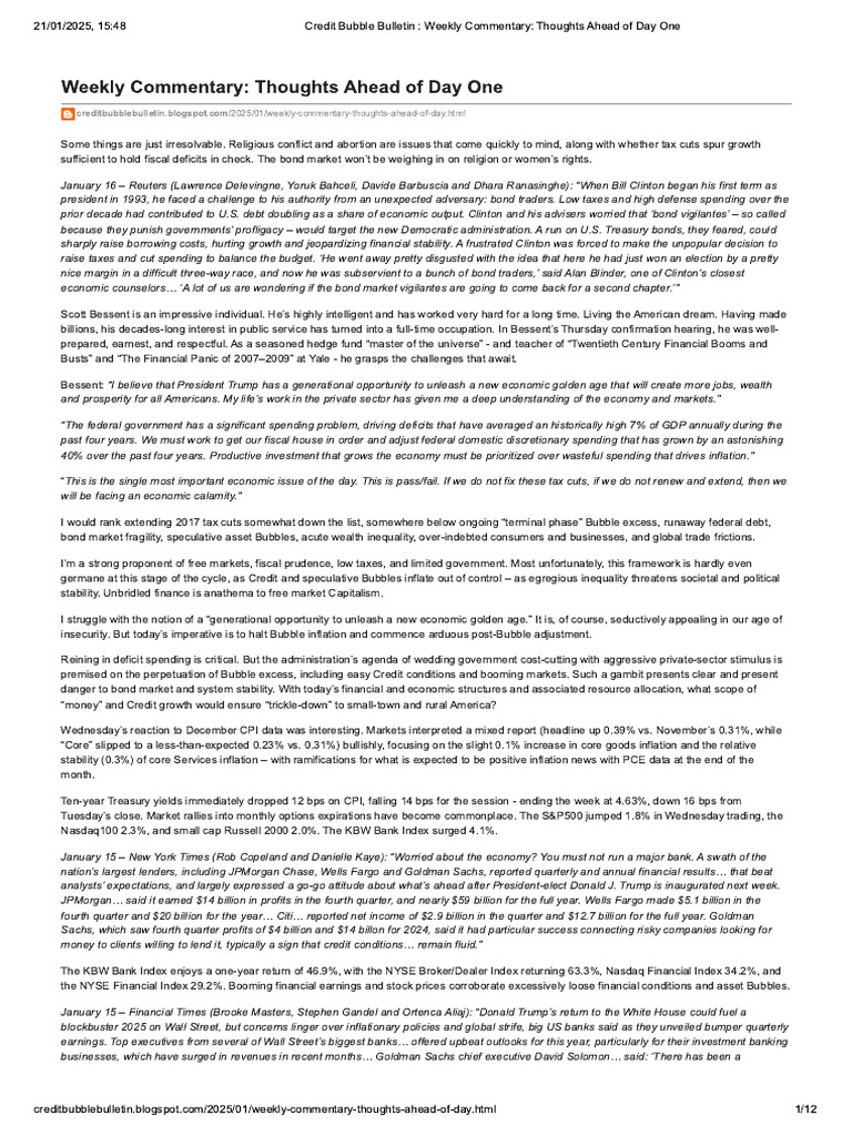 Credit Bubble Bulletin - Weekly Commentary - Thoughts Ahead of Day One ...