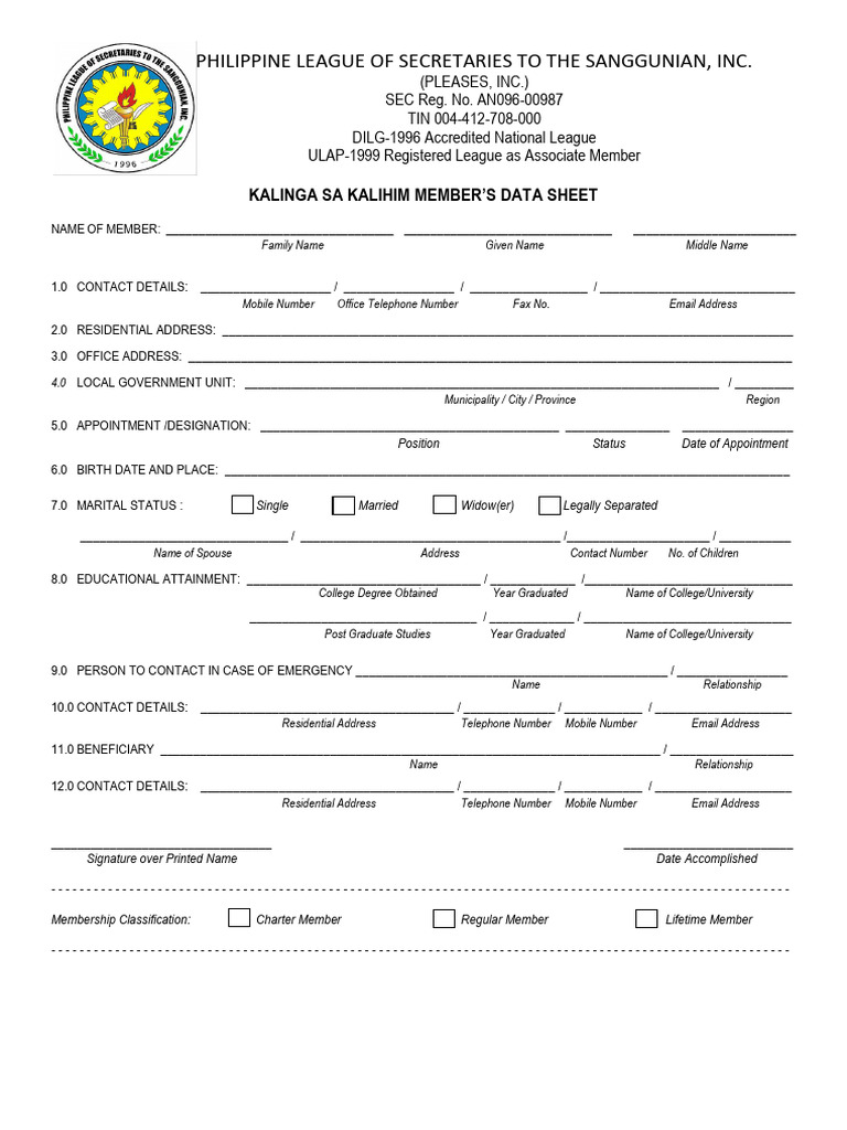 Kalinga sa Kalihim Membership Form | PDF | Marriage, Unions And ...