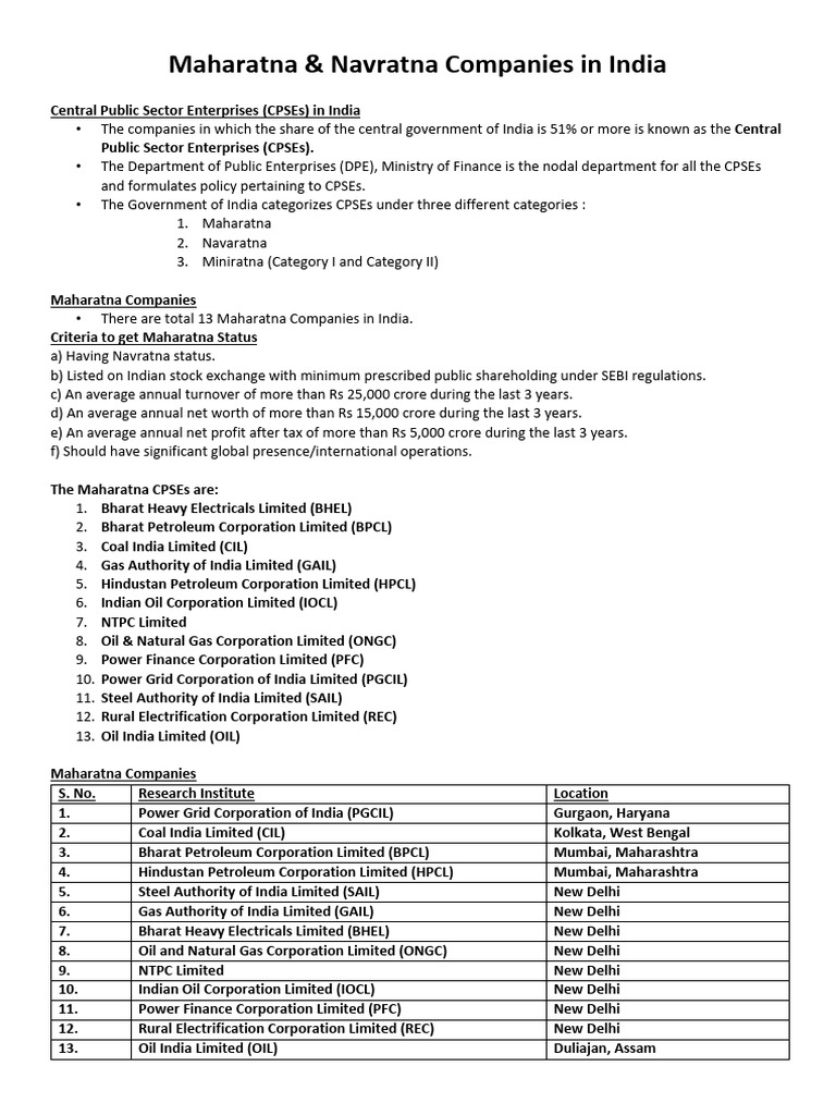 Maharatna and Navratna Companies Overview | PDF | Government Of India ...