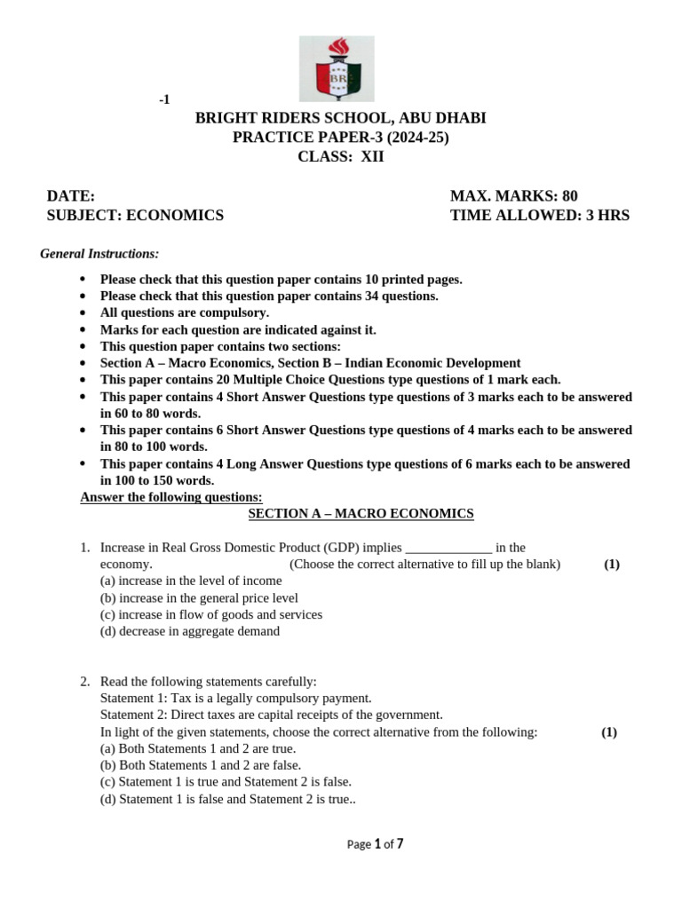 PRACTICE PAPER-3-24-25 -ECONOMICSS | PDF | Measures Of National Income ...