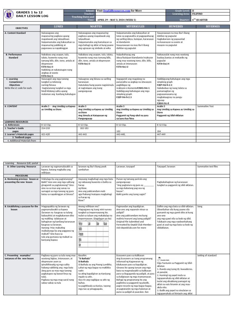 DLL - Filipino 2 - Q4 - W5 | PDF