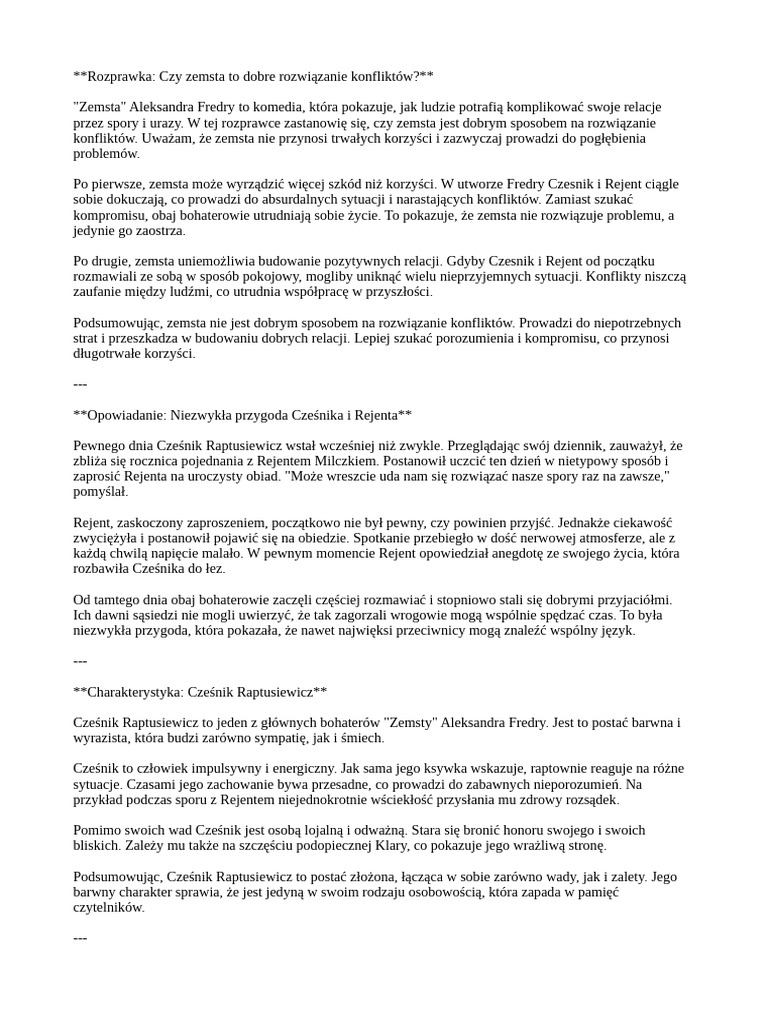 Zemsta Wypracowania | PDF