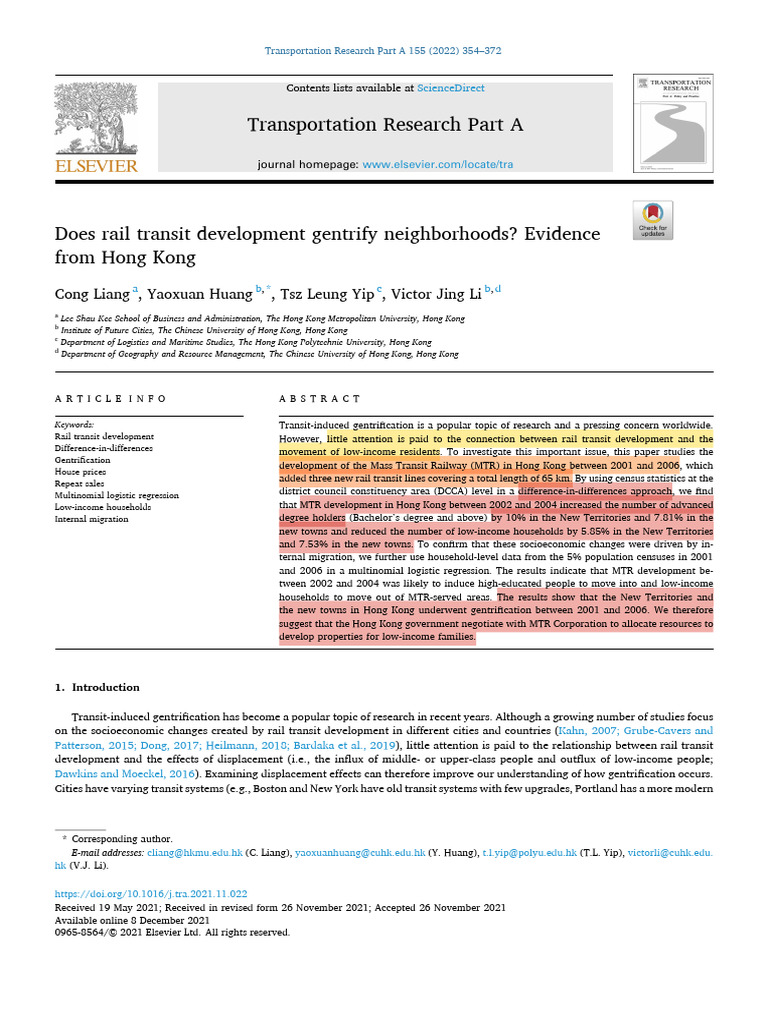 Does rail transit development gentrify neighbourhoods - Evidence from Hong Kong | PDF