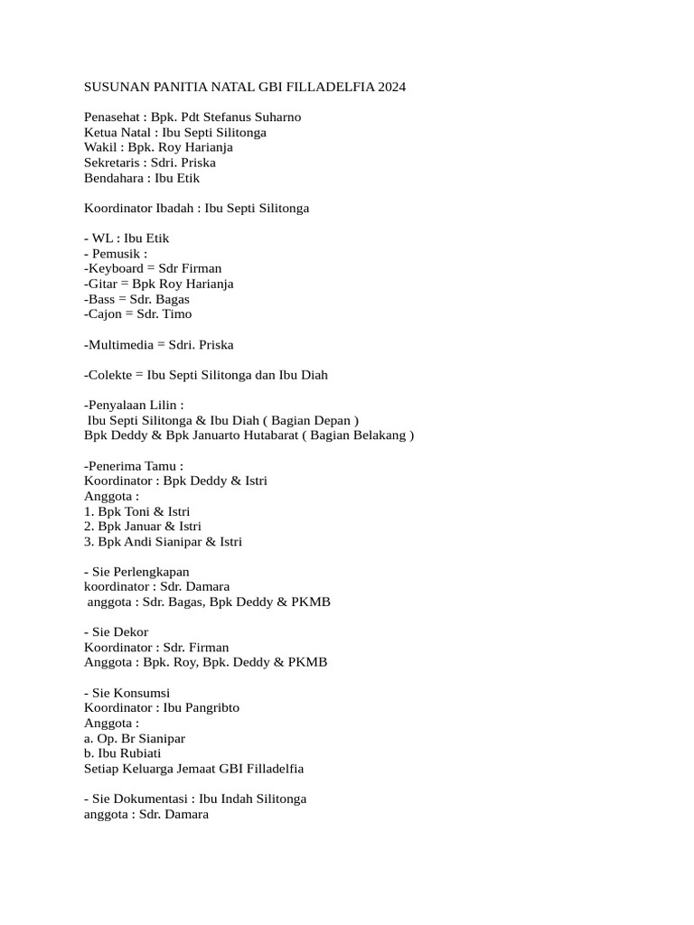 Susunan Panitia Natal 2024 GBI | PDF