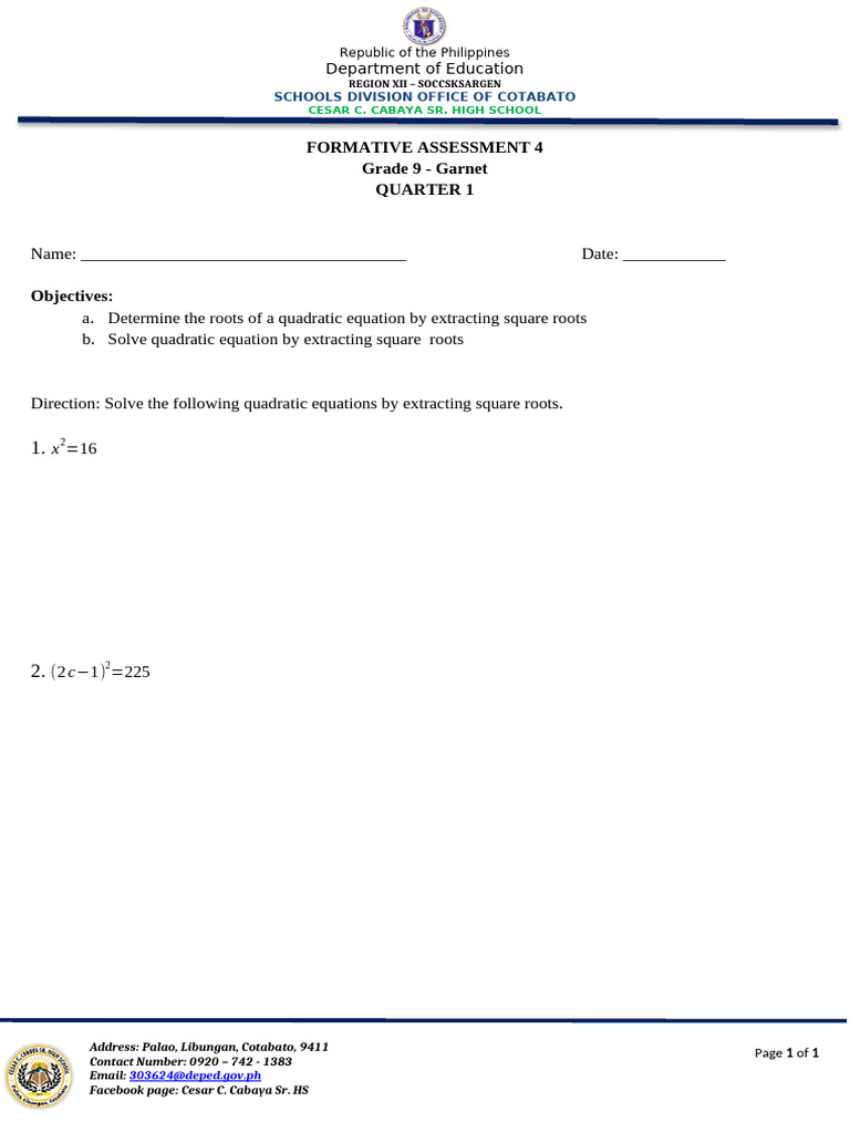Grade 9 Formative Assessment: Quadratics | PDF